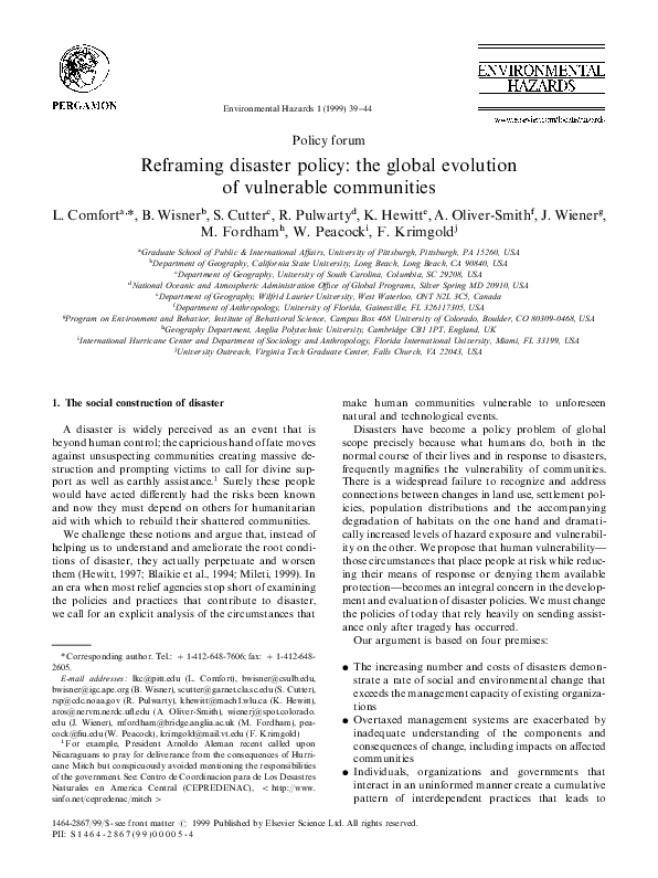 (PDF) Reframing disaster policy: the global evolution of vulnerable communities