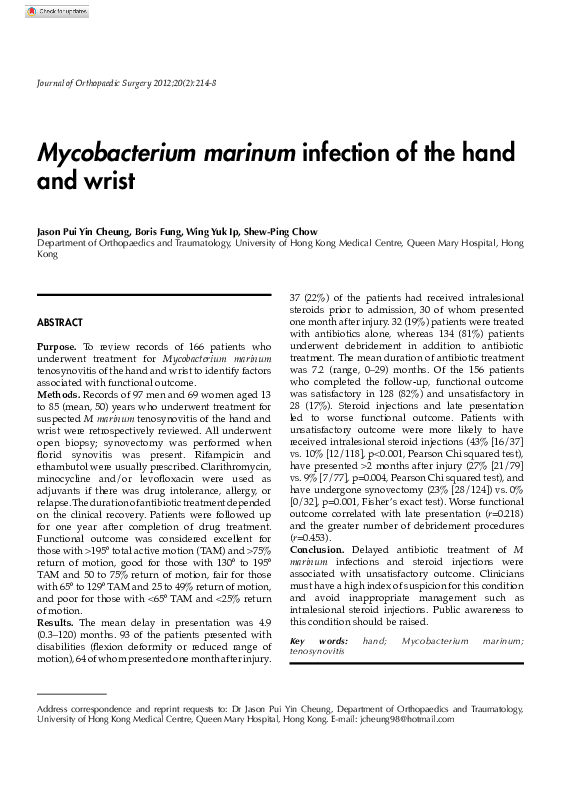 (PDF) Mycobacterium marinum infection of the hand and wrist