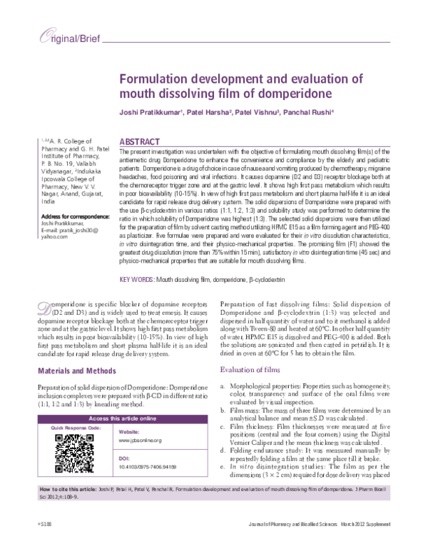 Pdf Formulation Development And Evaluation Of Mouth Dissolving Film Of Domperidone Prof Dr