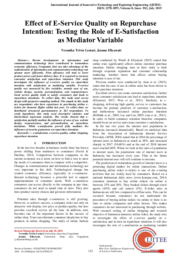 (PDF) Effect of E-Service Quality on Repurchase Intention: Testing the ...