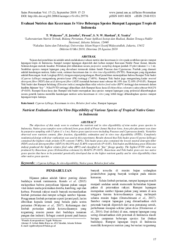 (PDF) Evaluasi Nutrien dan Kecernaan In Vitro Beberapa Spesies Rumput Lapangan Tropis di Indonesia