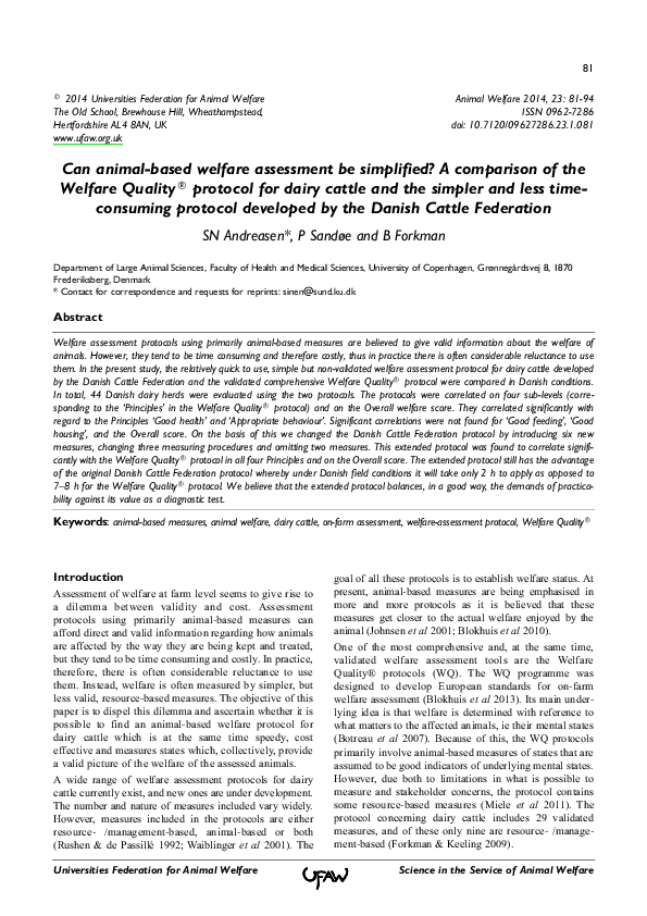 (PDF) Can animal-based welfare assessment be simplified? A comparison ...