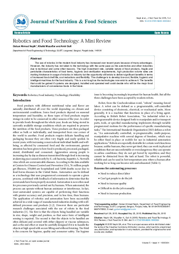 (PDF) Robotics and Food Technology: A Mini Review