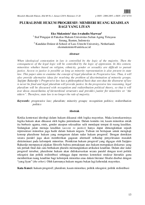 (PDF) Pluralisme Hukum Progresif: Memberi Ruang Keadilan Bagi Yang Liyan