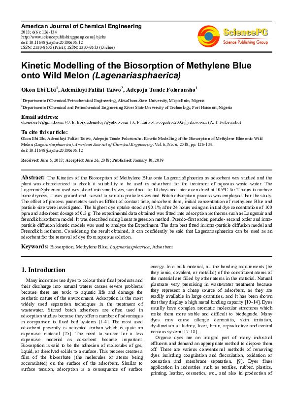 (PDF) Biosorption of methylene blue onto Arthrospira platensis biomass: Kinetic, equilibrium and ...