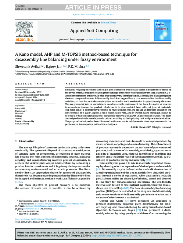 (PDF) A Kano model, AHP and M-TOPSIS method-based technique for disassembly line balancing under ...