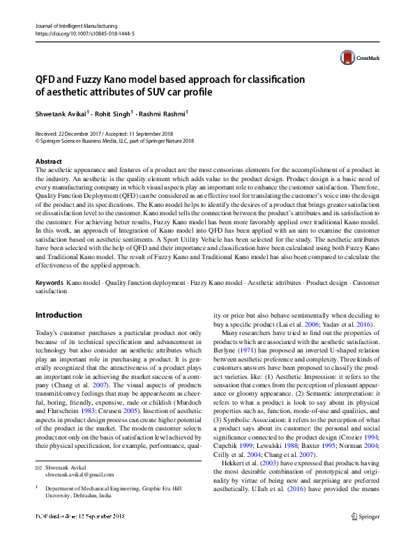 Pdf Qfd And Fuzzy Kano Model Based Approach For Classification Of Aesthetic Attributes Of Suv