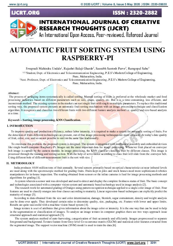 (PDF) Automatic Fruit Sorting System Using Raspberry-Pi