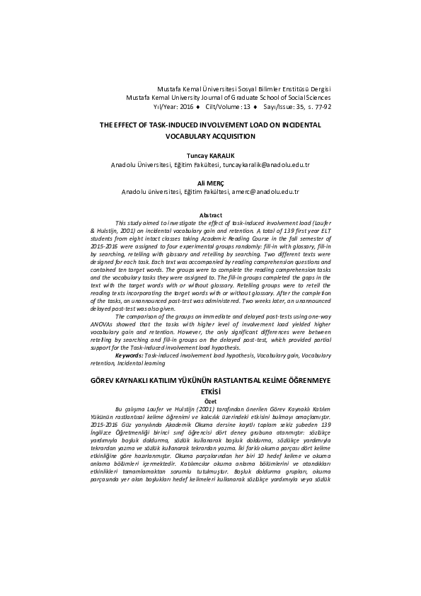 (PDF) The Effect of Task-Induced Involvement Load on Incidental ...