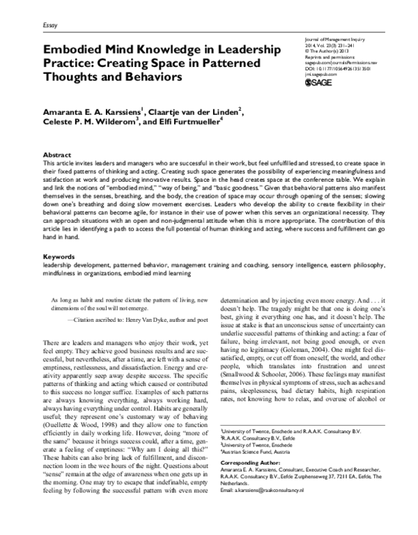 (PDF) Embodied Mind Knowledge in Leadership Practice