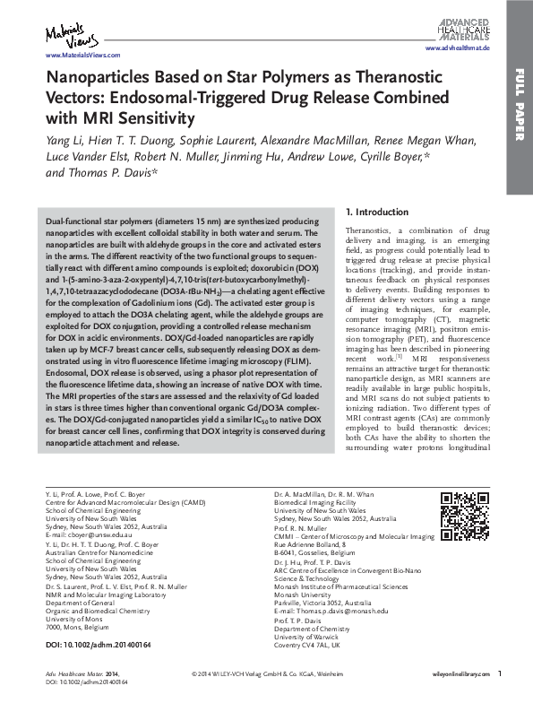 (PDF) Nanoparticles Based on Star Polymers as Theranostic Vectors: Endosomal-Triggered Drug ...