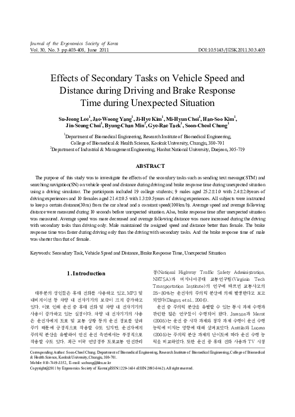 (PDF) Effects of Secondary Tasks on Vehicle Speed and Distance during ...