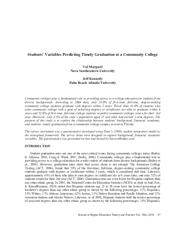 (PDF) Students' Variables Predicting Timely Graduation at a Community College
