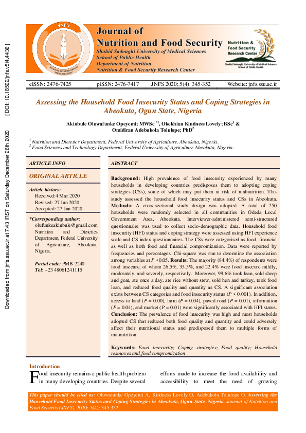(PDF) Assessing the Household Food Insecurity Status and Coping ...