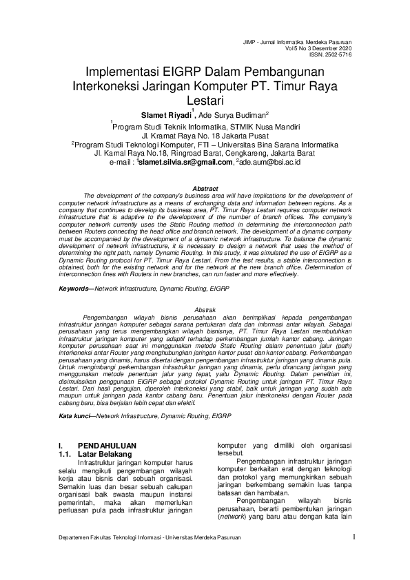 (PDF) Implementasi EIGRP Dalam Pembangunan Interkoneksi Jaringan Komputer PT. Timur Raya Lestari ...