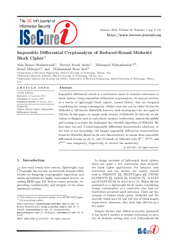 (PDF) Impossible Differential Cryptanalysis of Reduced-Round Midori64 Block Cipher