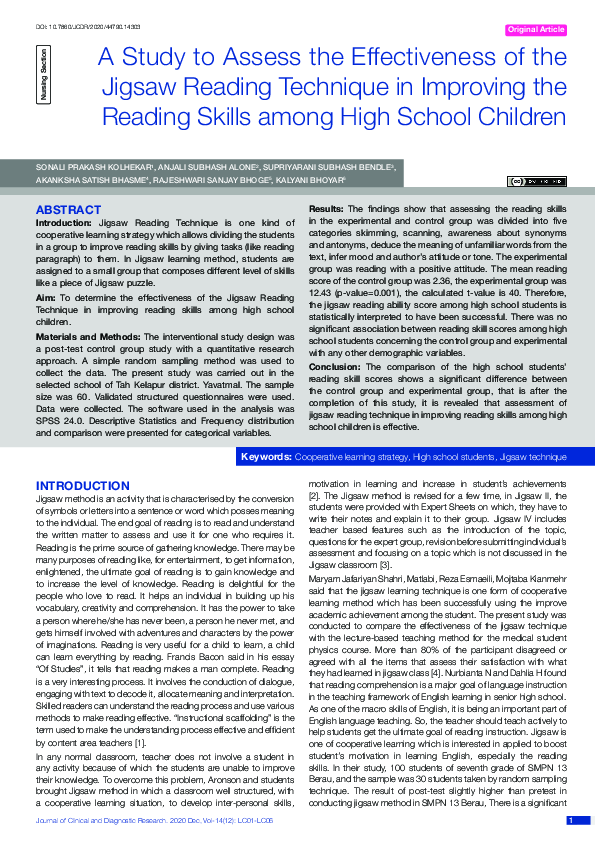(PDF) A Study to Assess the Effectiveness of the Jigsaw Reading ...