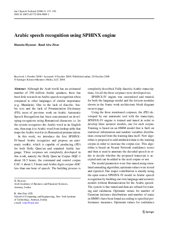 Pdf Arabic Speech Recognition Using Sphinx Engine Hussein Hiyassat
