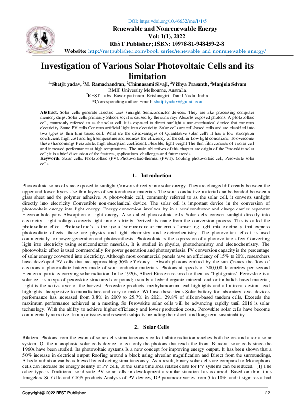(PDF) Investigation of Various Solar Photovoltaic Cells and its limitation