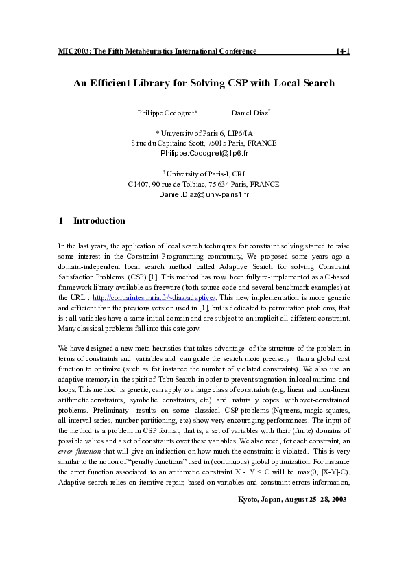 (PDF) An Efficient Library for Solving Csp With Local Search