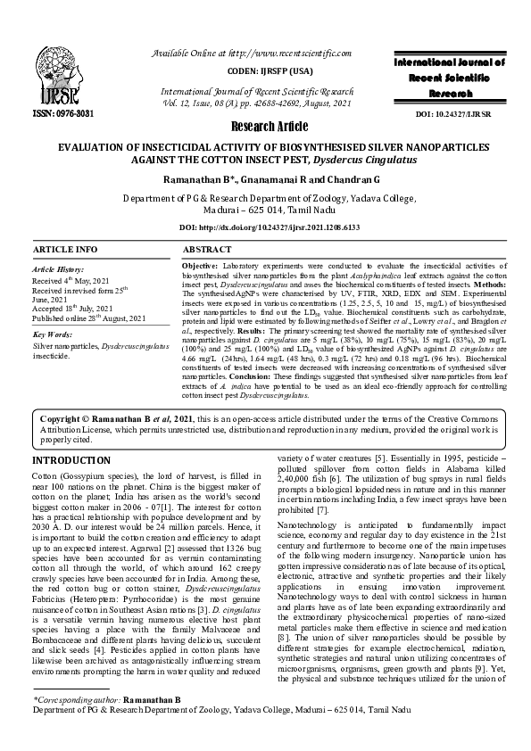 (PDF) EVALUATION OF INSECTICIDAL ACTIVITY OF BIOSYNTHESISED SILVER ...