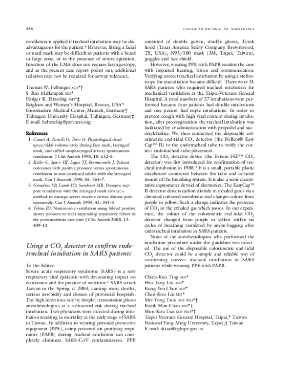 (PDF) Using a CO2 detector to confirm endotracheal intubation in SARS ...
