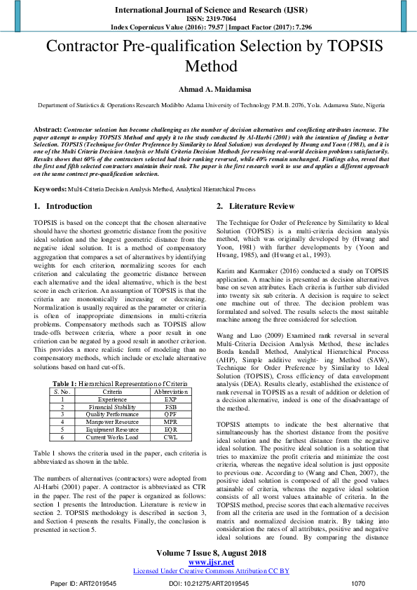 (PDF) Contractor Pre-qualification Selection by TOPSIS Method