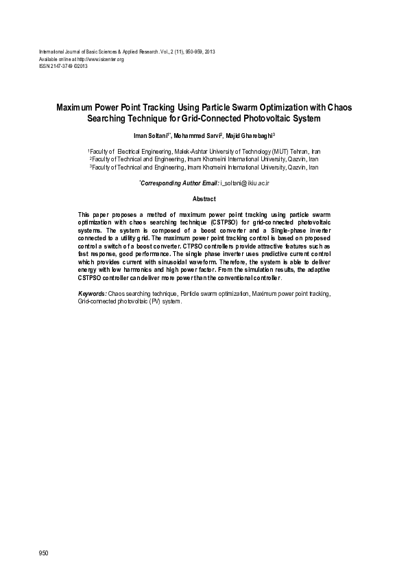 Pdf Maximum Power Point Tracking Using Particle Swarm Optimization