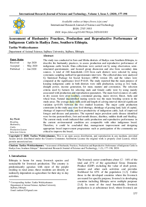 (PDF) Assessment of Husbandry practices, Production and Reproductive Performance of Indigenous ...