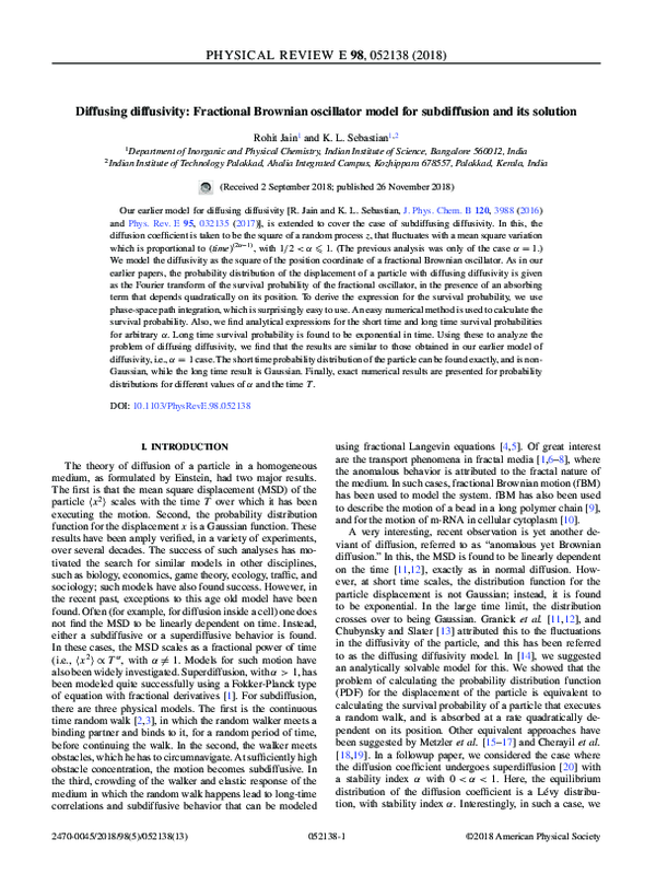 (PDF) Diffusing diffusivity: Fractional Brownian oscillator model for subdiffusion and its solution