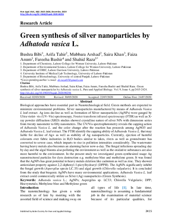 (PDF) Green synthesis of silver nanoparticles by Adhatoda vasica L