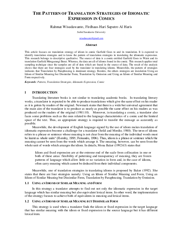 (PDF) The Pattern of Translation Strategies of Idiomatic Expression in ...