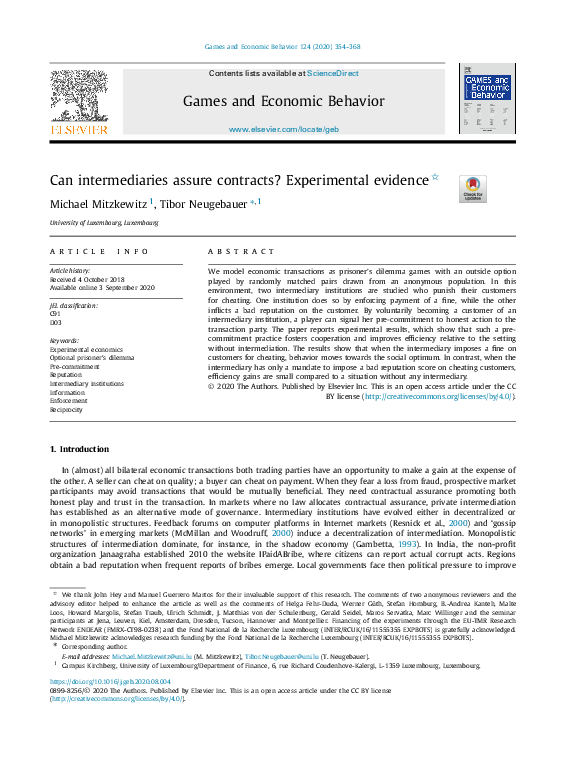 (PDF) Can intermediaries assure contracts? Experimental evidence