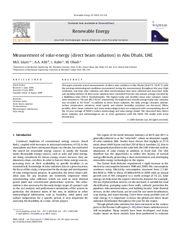 (PDF) Measurement of solar-energy (direct beam radiation) in Abu Dhabi, UAE