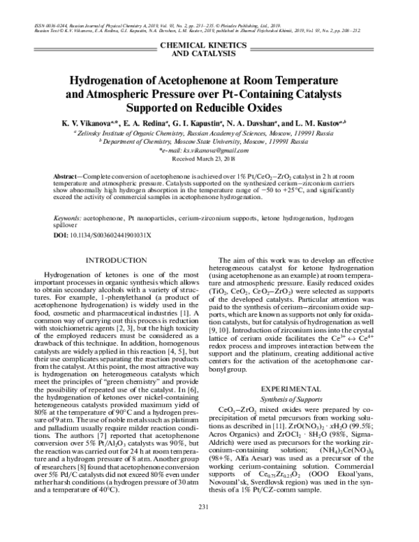 (PDF) Hydrogenation of Acetophenone at Room Temperature and Atmospheric Pressure over Pt ...