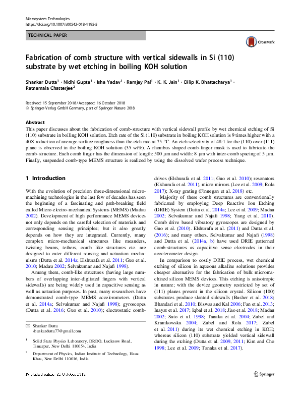 (PDF) Fabrication of comb structure with vertical sidewalls in Si (110 ...