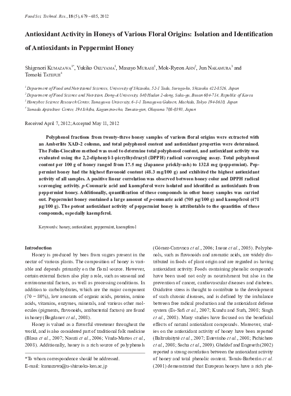 Pdf Antioxidant Activity In Honeys Of Various Floral Origins