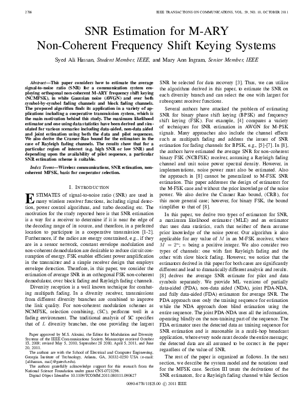(PDF) SNR Estimation for M-ARY Non-Coherent Frequency Shift Keying Systems