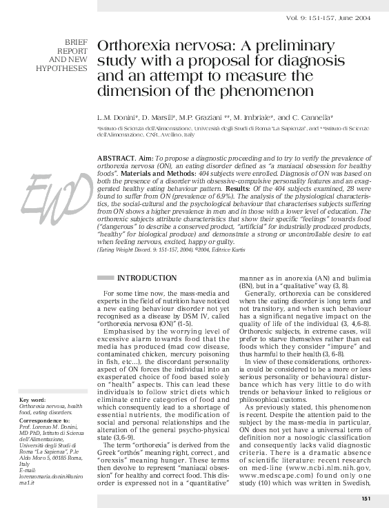 (PDF) Orthorexia nervosa: A preliminary study with a proposal for diagnosis and an attempt to ...