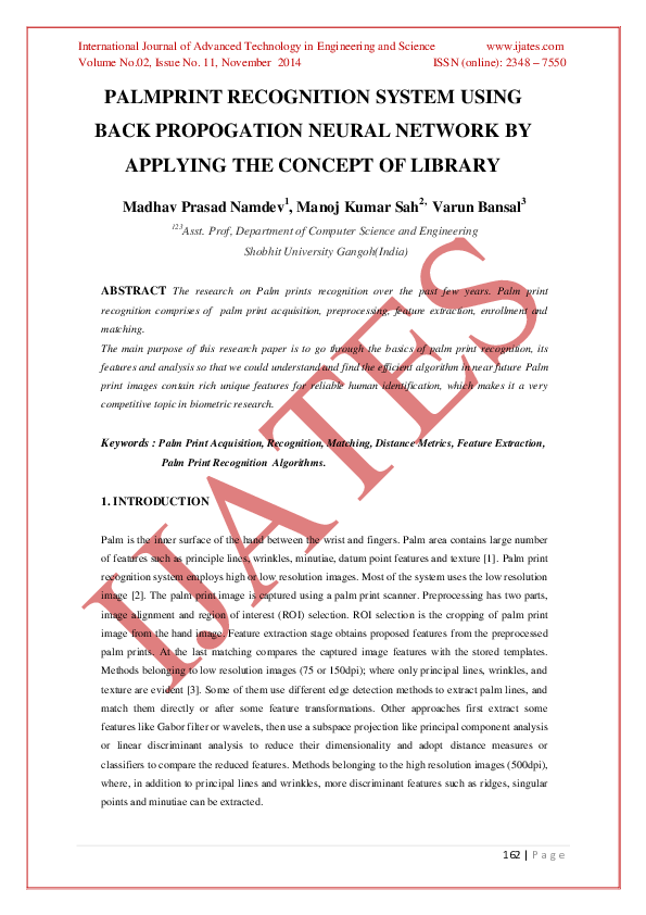 Pdf Palmprint Recognition System Using Back Propogation Neural Network By Applying The Concept