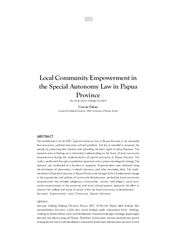 (PDF) Local Community Empowerment in the Special Autonomy Law in Papua ...