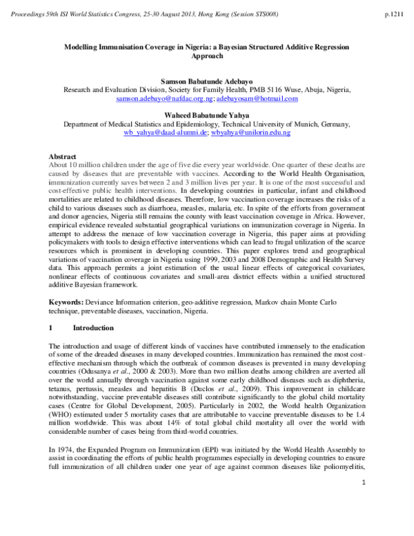 Pdf Modelling Immunization Coverage In Nigeria Using Bayesian Structured Additive Regression 