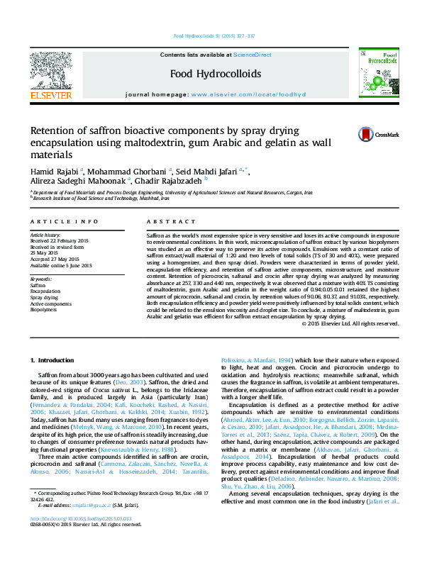 (PDF) Retention of saffron bioactive components by spray drying ...