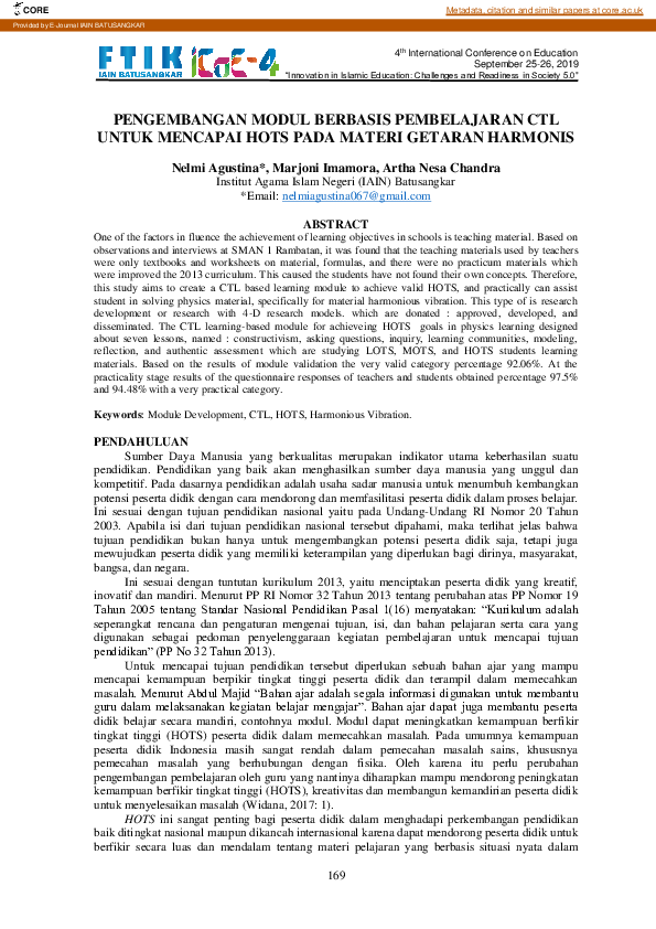 (PDF) Pengembangan Modul Berbasis Pembelajaran CTL Untuk Mencapai Hots Pada Materi Getaran Harmonis