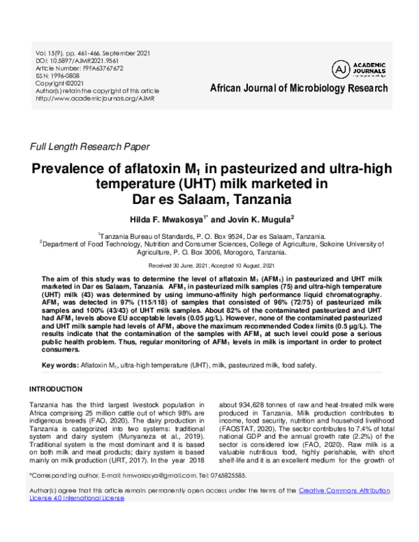 (PDF) Prevalence of aflatoxin M1 in pasteurized and ultra-high temperature (UHT) milk marketed ...