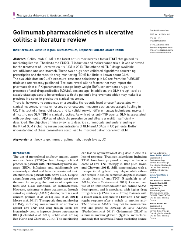 (PDF) Golimumab pharmacokinetics in ulcerative colitis: a literature review