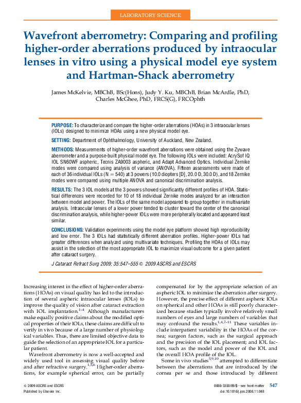 (PDF) Wavefront aberrometry: Comparing and profiling higher-order aberrations produced by ...