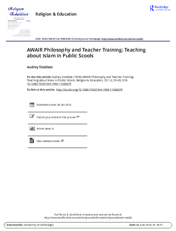 (PDF) AWAIR Philosophy and Teacher Training: Teaching about Islam in ...