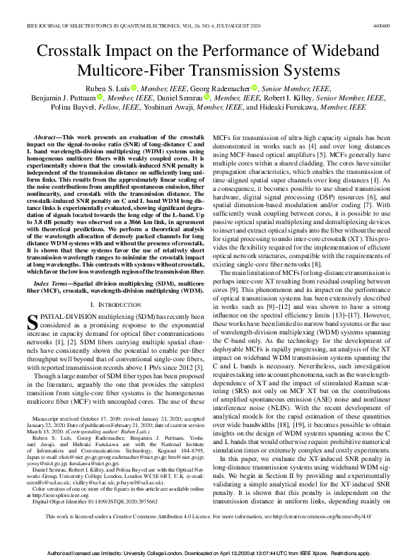 (PDF) Crosstalk Impact on the Performance of Wideband Multicore-Fiber Transmission Systems