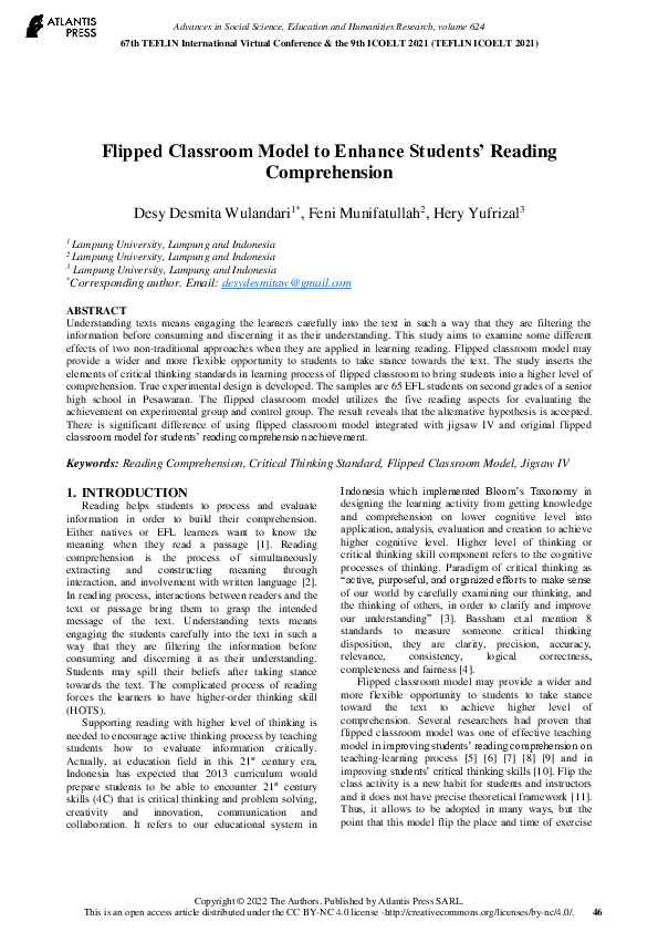 (PDF) Flipped Classroom Model to Enhance Students’ Reading Comprehension